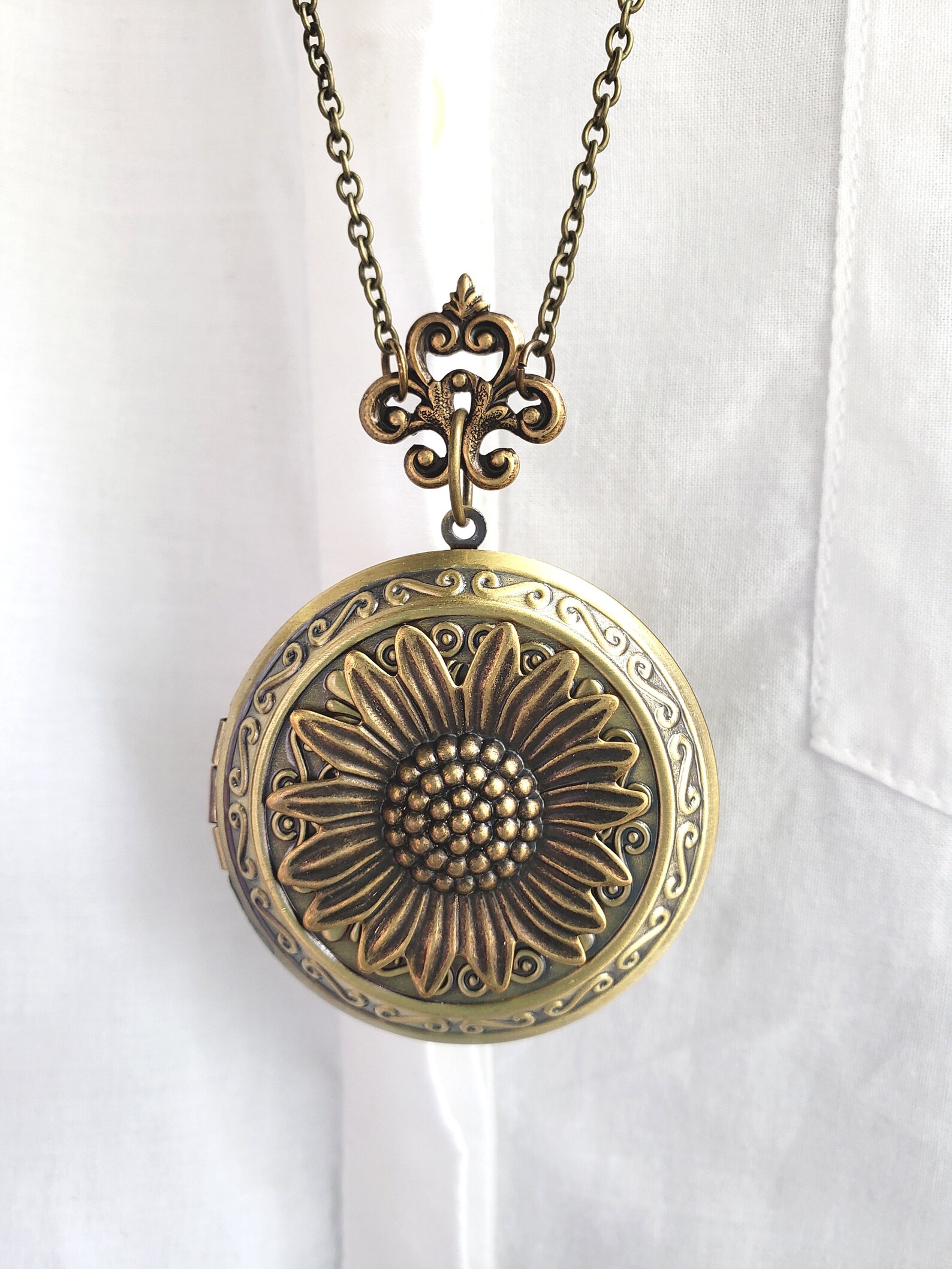 Large Sunflower Locket Necklace in Antiqued Brass You Are My | Etsy