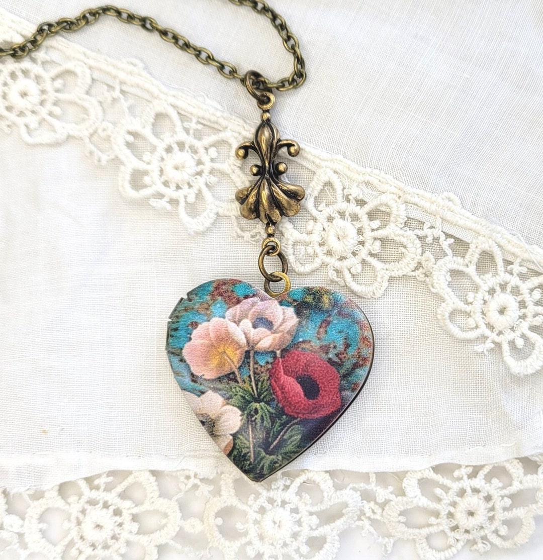 Poppy Floral Locket Necklace, Antiqued Gold, Poppies, Flower Garden ...