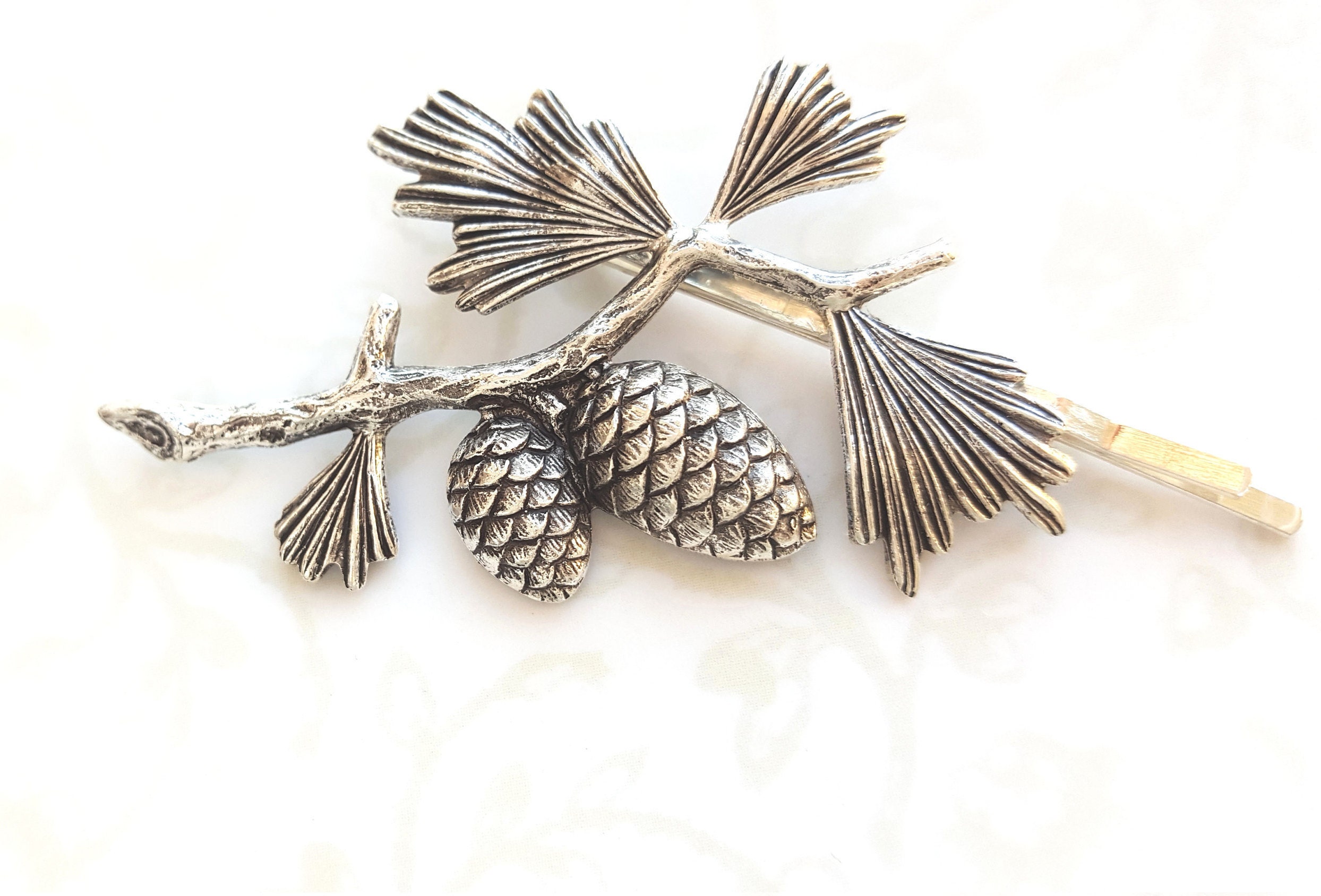Silver Pine Cone & Pine Tree Branch Bobby Pin Woodland | Etsy