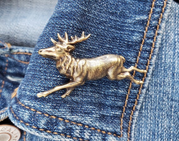 Stag/deer Lapel Pin Antiqued Gold Brass Brooch Buck | Etsy