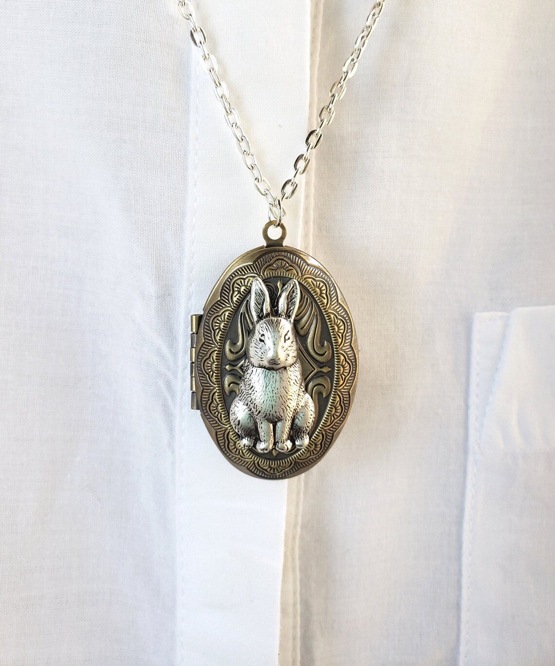 Silver Rabbit Locket on Antiqued Gold Brass Spring Necklace | Etsy