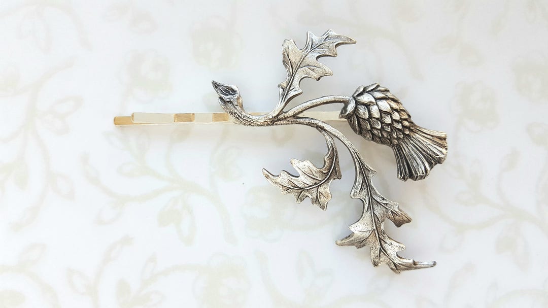 Silver Thistle Scottish Hairpin, Leaf Branch Bobby Pin, Scotland ...