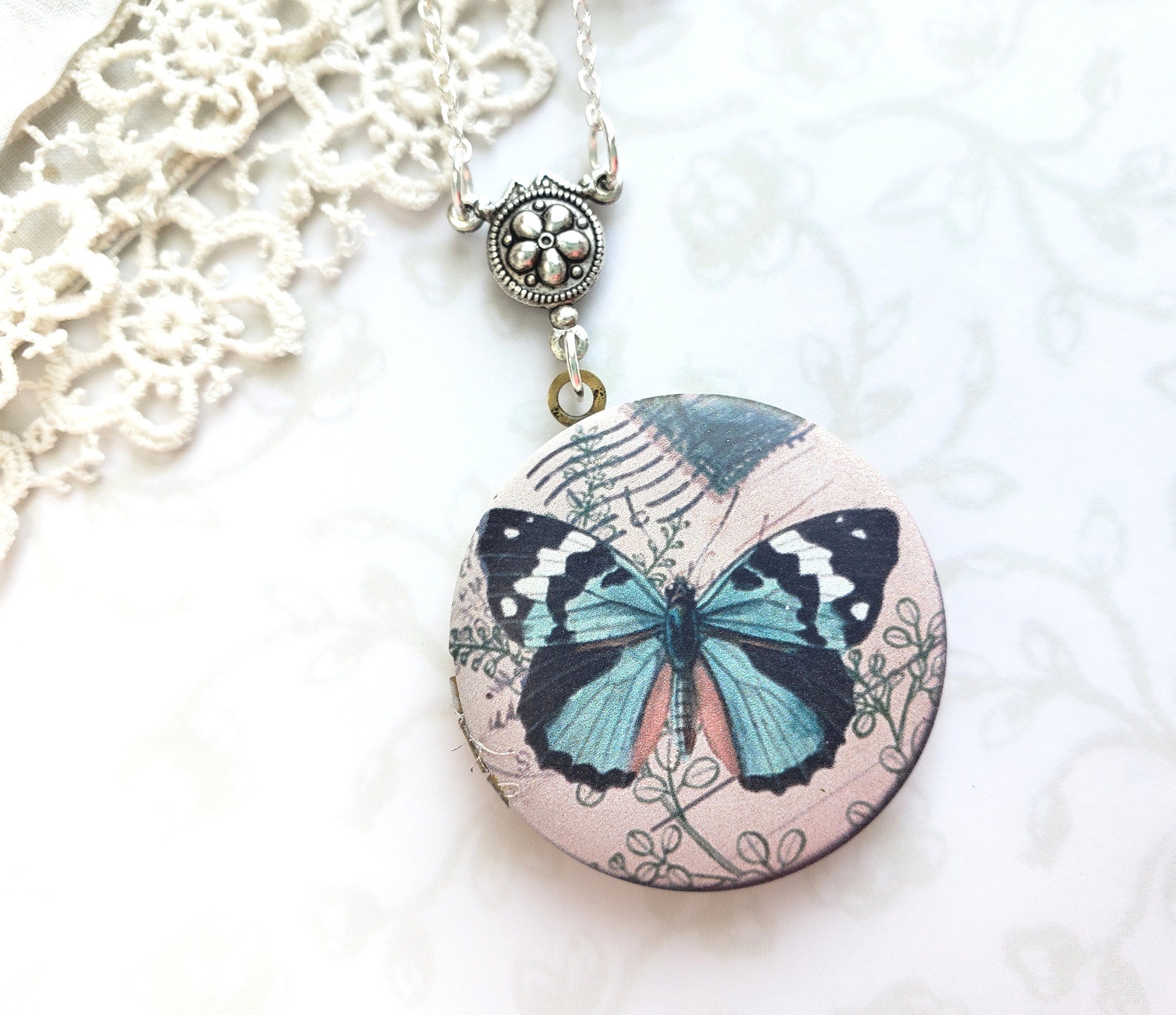 Blue Butterfly Locket Necklace Antiqued Brass Spring Summer | Etsy