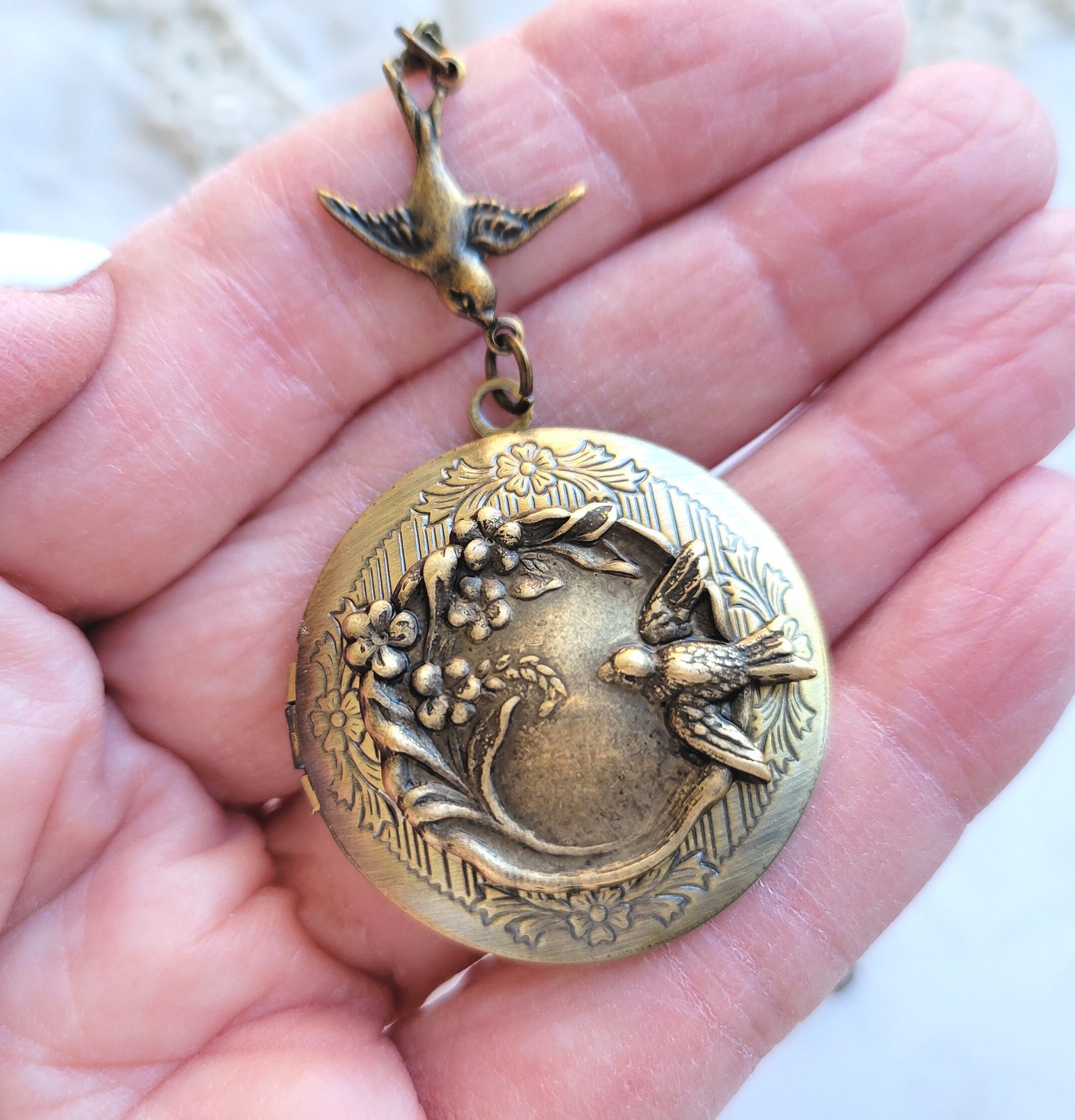 Floral Bird Locket, Antiqued Brass, Garden Photo Locket, Birds, Flying ...