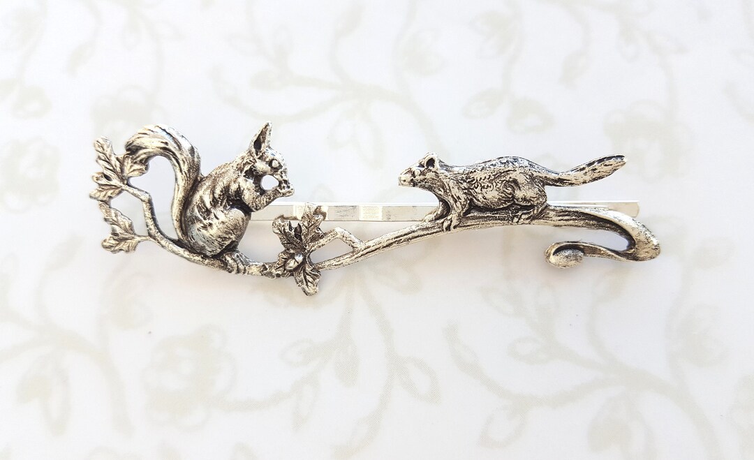 Silver Squirrel and Acorn Hair Pin, Oak Tree Branch, Fall Bobby Pin ...