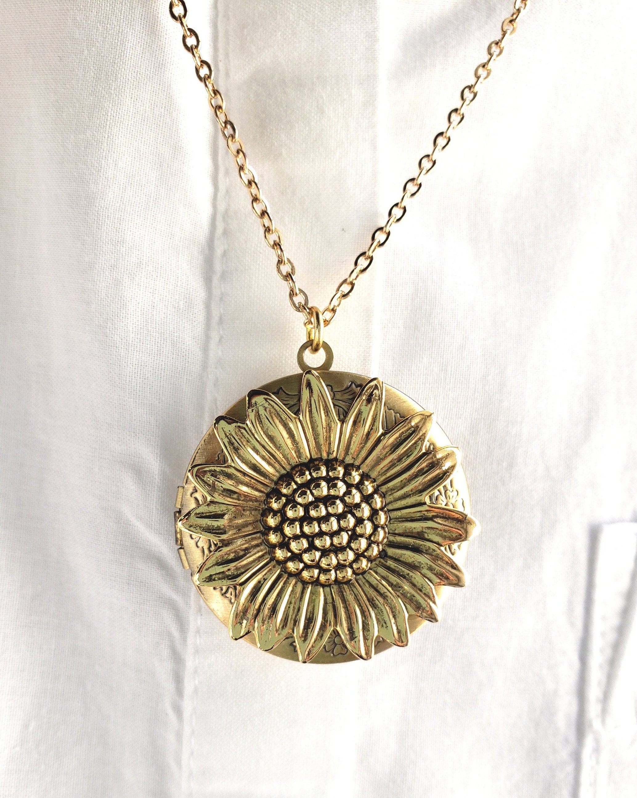 Sunflower Locket Necklace 24k Gold Plated Photo Locket | Etsy