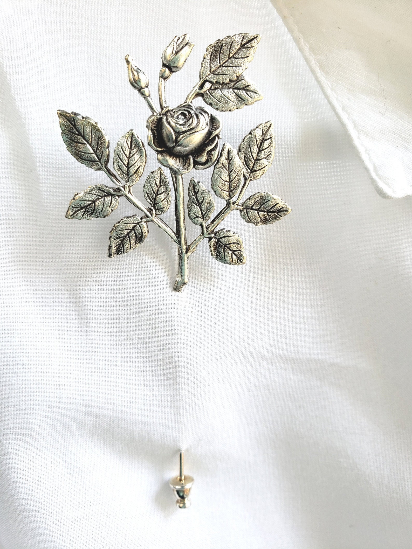 Silver Rose Blossom and Leaves Stick Pin / Lapel Pin Garden - Etsy