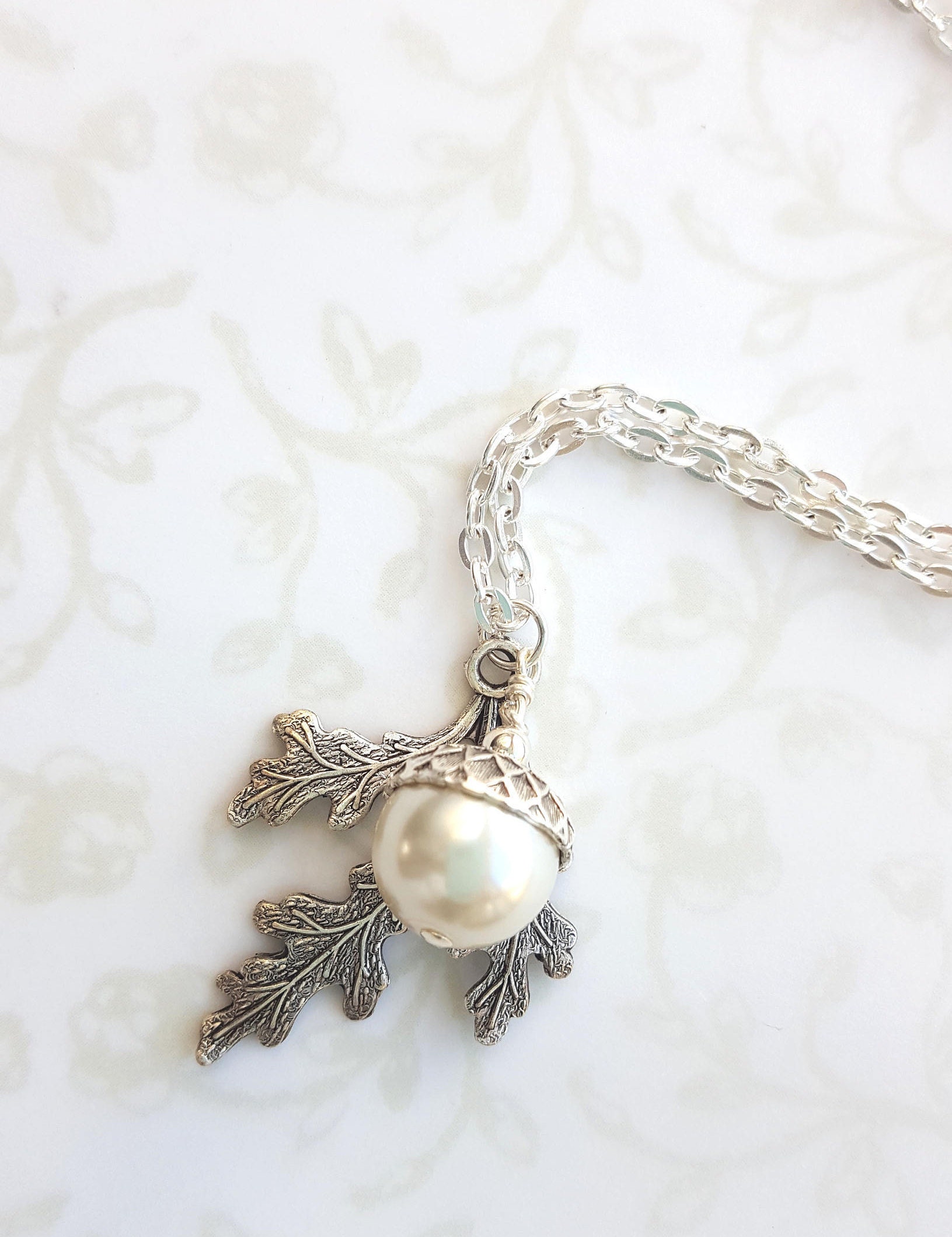 Acorn Pearl & Oak Leaves Silver Necklace Winter Woodland | Etsy