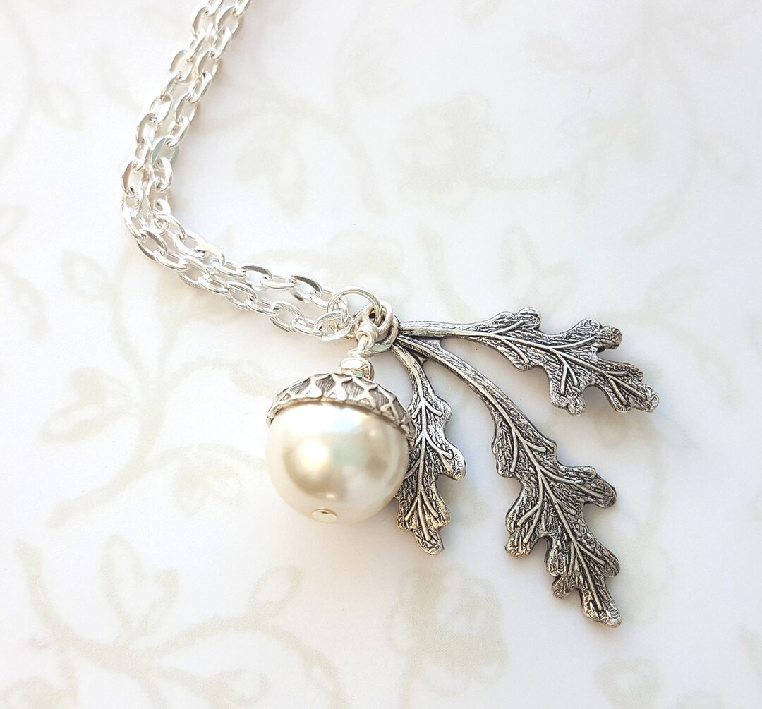 Acorn Pearl & Oak Leaves Silver Necklace, Winter Woodland, Nature ...