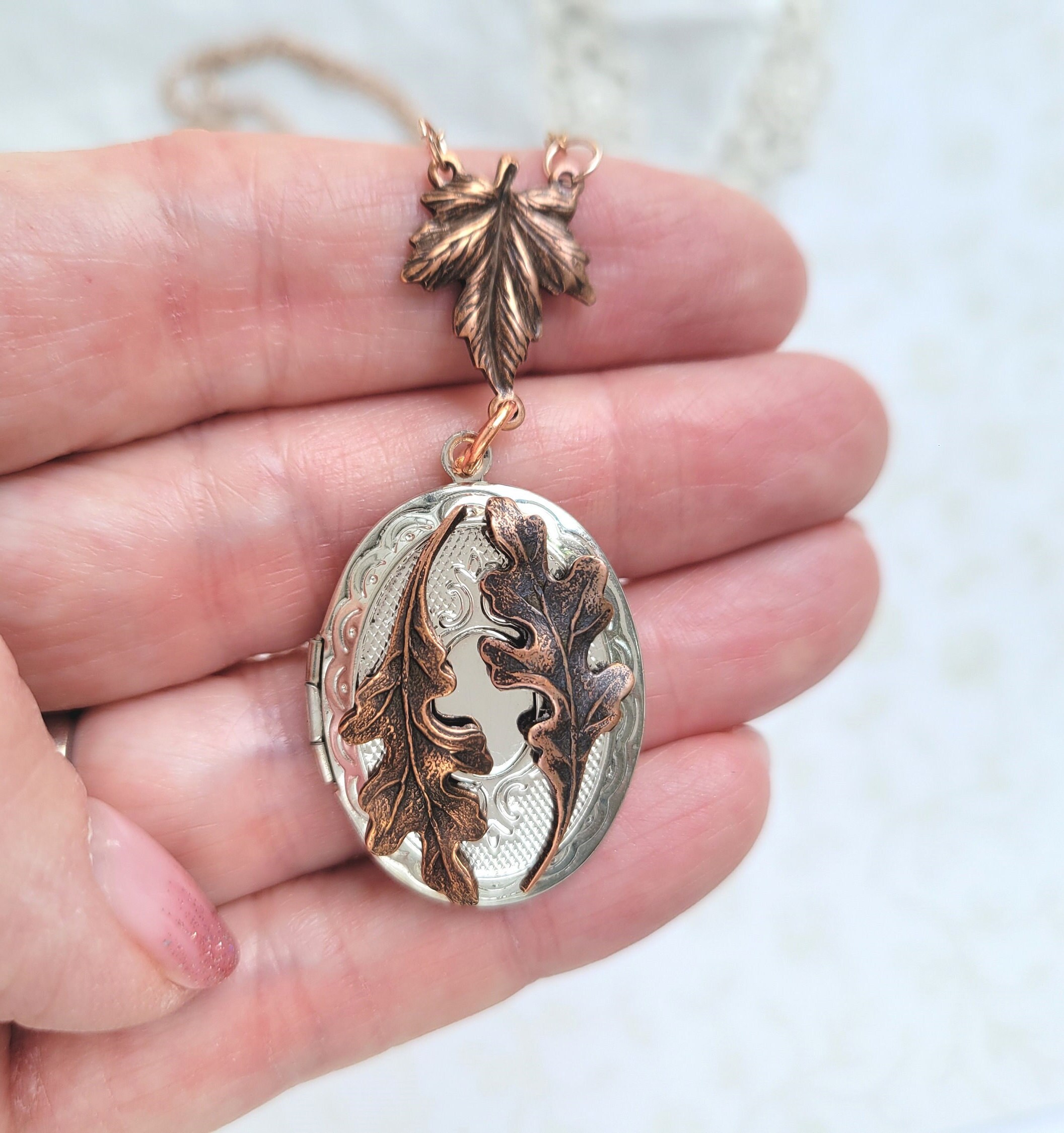 Copper Leaves on Silver Oval Locket, Fall Photo Locket, Autumn Leaves ...
