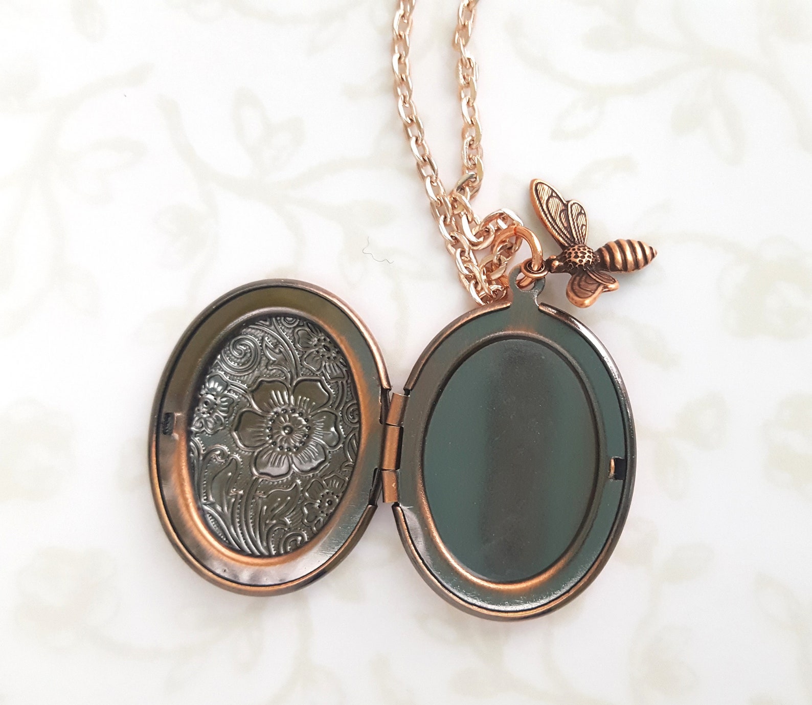 Floral Bee Locket in Matte Rose Gold Necklace Oval Photo - Etsy