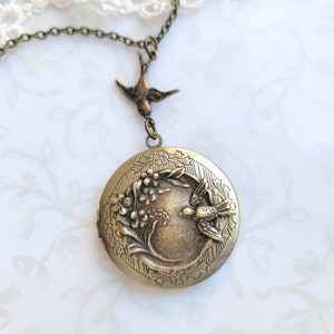 Floral Bird Locket, Antiqued Brass, Garden Photo Locket, Birds, Flying ...