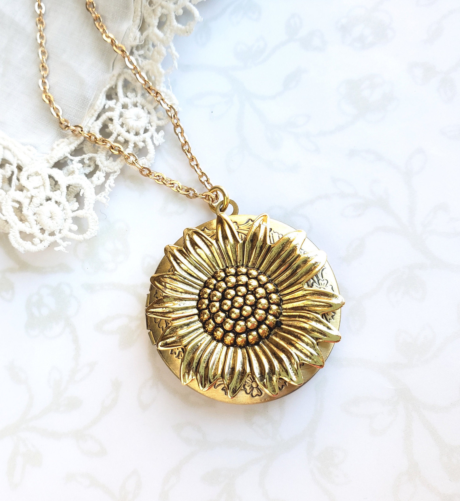 Sunflower Locket Necklace 24k Gold Plated Photo Locket | Etsy