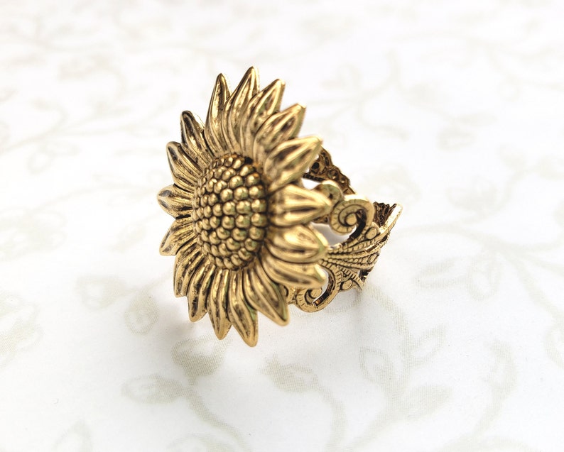 Sunflower Ring, 24K Gold Plated, Adjustable, Fall, Boho, Garden, Flower ...