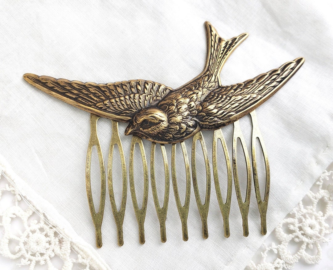 Bird Hair Comb, Flying Swallow, Wings, Antiqued Brass, Woodland Wedding ...