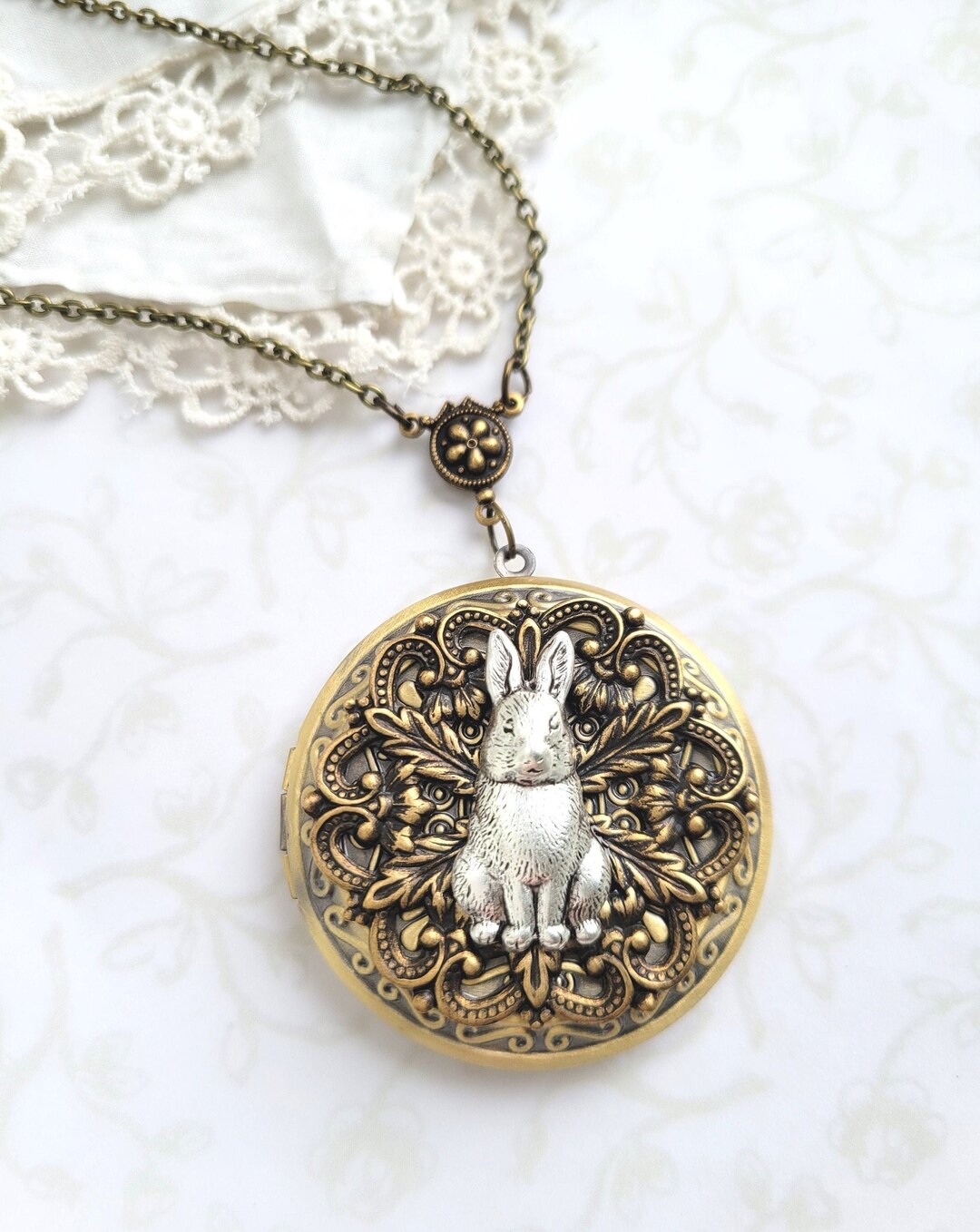 Large Rabbit Locket, Spring Necklace, Vintage Inspired, Velveteen ...