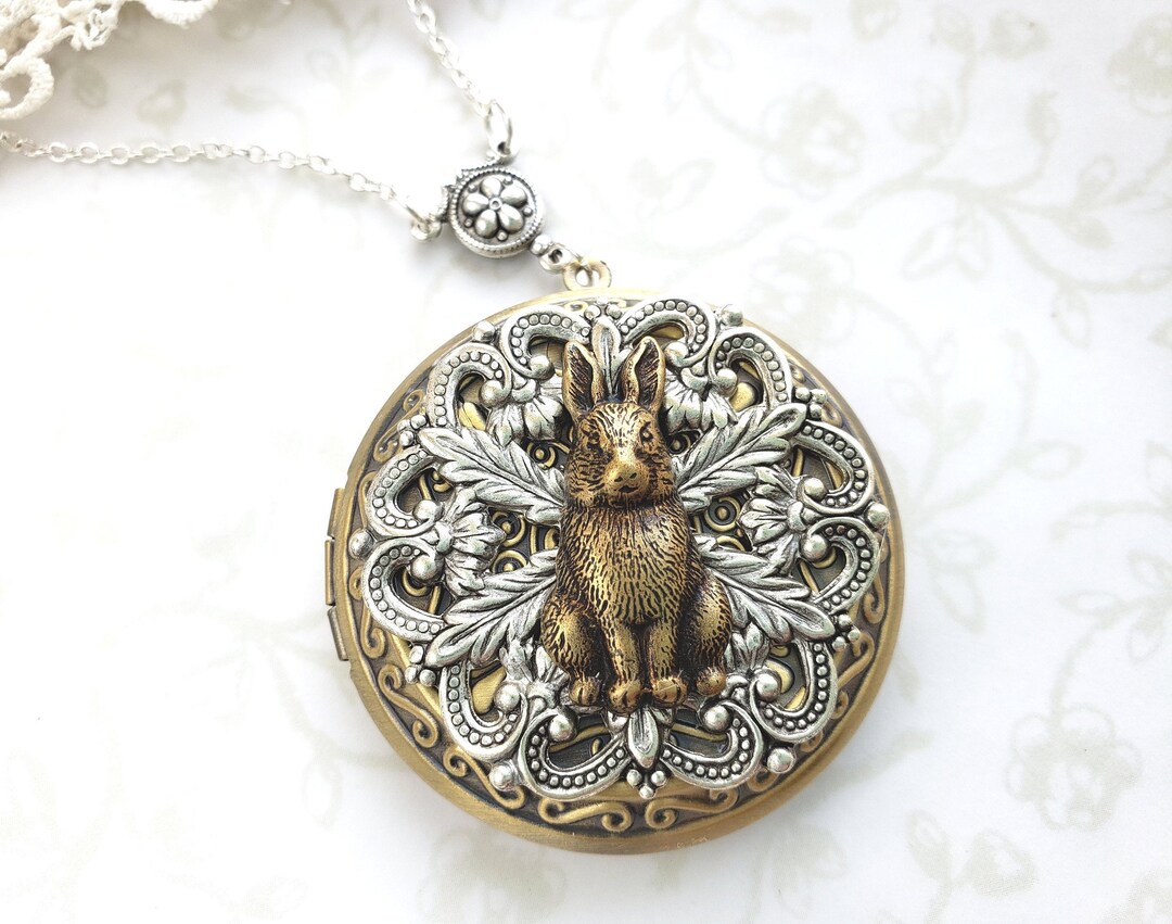 Large Rabbit Locket, Spring Necklace, Vintage Inspired, Velveteen ...