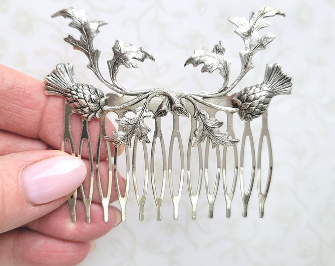 Silver Thistle Hair Comb, Elegant Scottish Bridal Hair Comb, Woodland ...