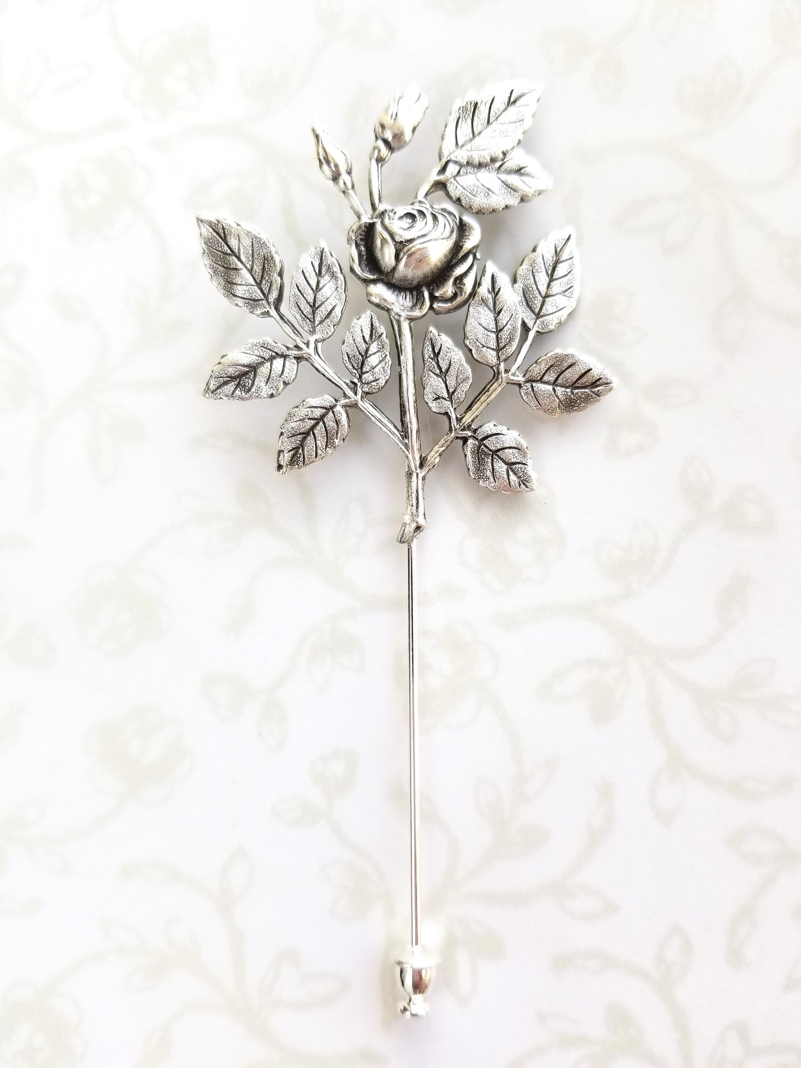 Silver Rose Blossom and Leaves Stick Pin / Lapel Pin Garden | Etsy