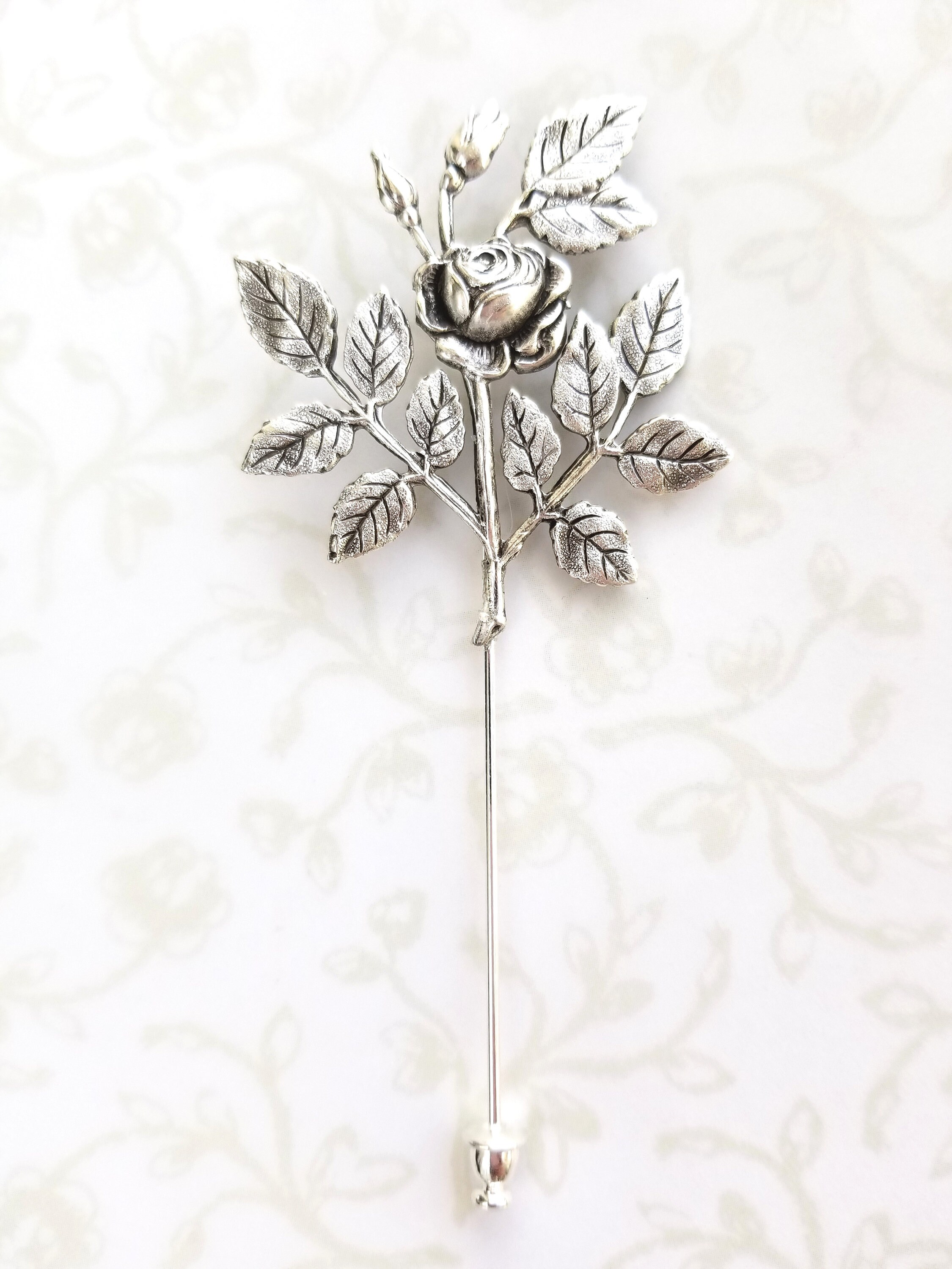Silver Rose Blossom and Leaves Stick Pin / Lapel Pin Garden | Etsy