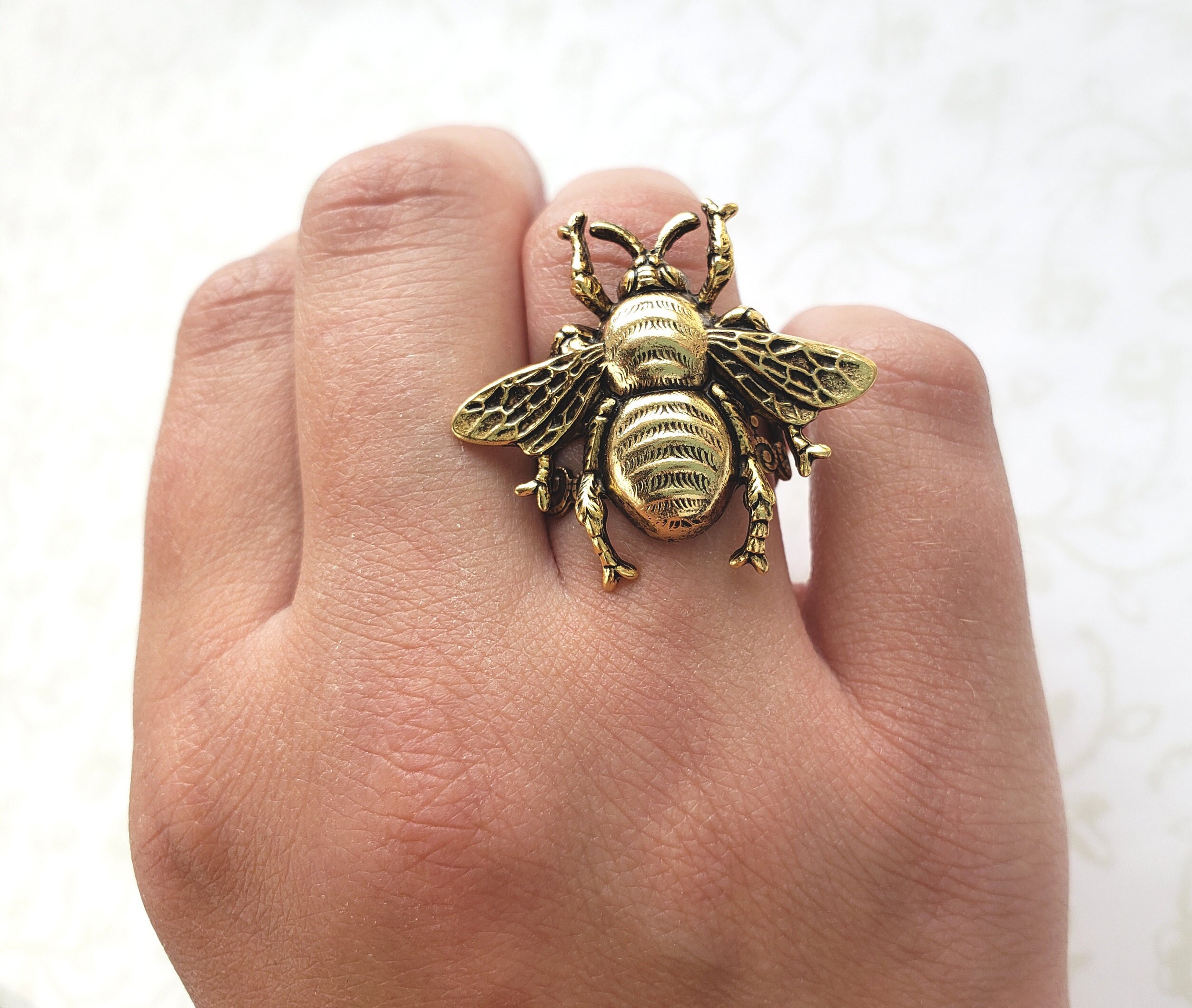 Large Bumble Bee Ring 24k Gold Antiqued Brass Adjustable Queen | Etsy
