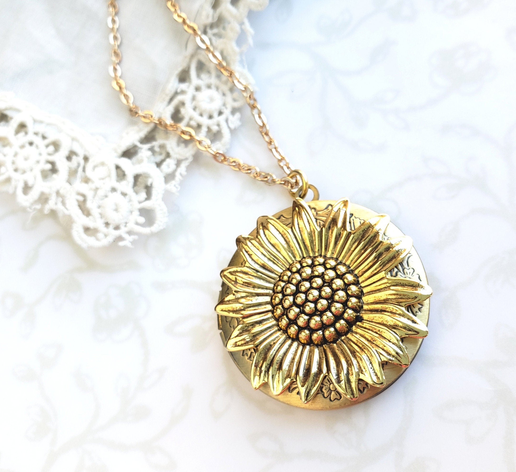 Sunflower Locket Necklace 24k Gold Plated Photo Locket | Etsy