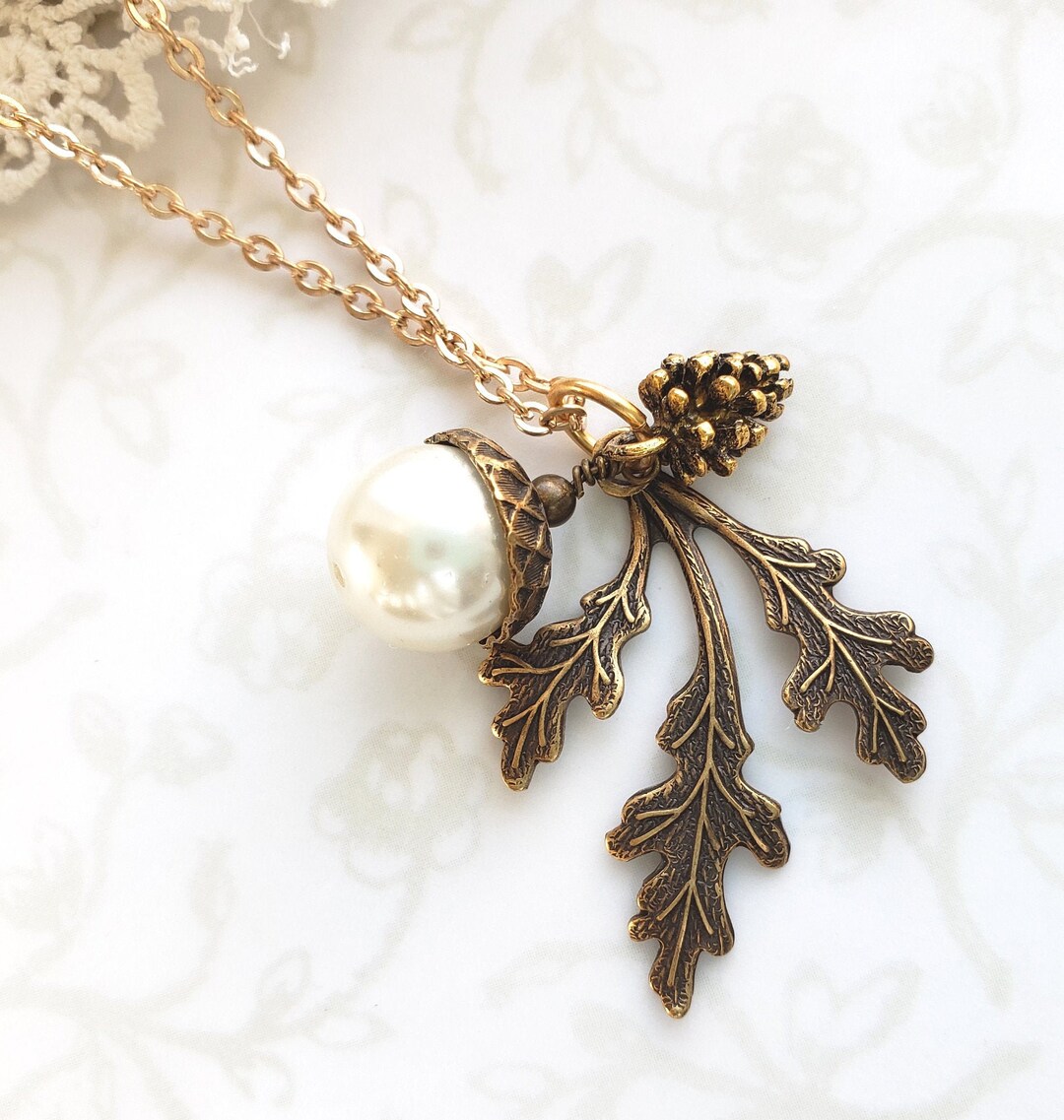 Acorn Pearl & Oak Leaves Antiqued Gold Necklace Woodland, Nature ...