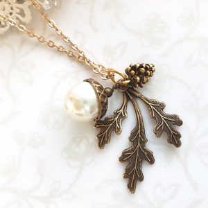 Acorn Pearl & Oak Leaves Antiqued Gold Necklace Woodland, Nature ...