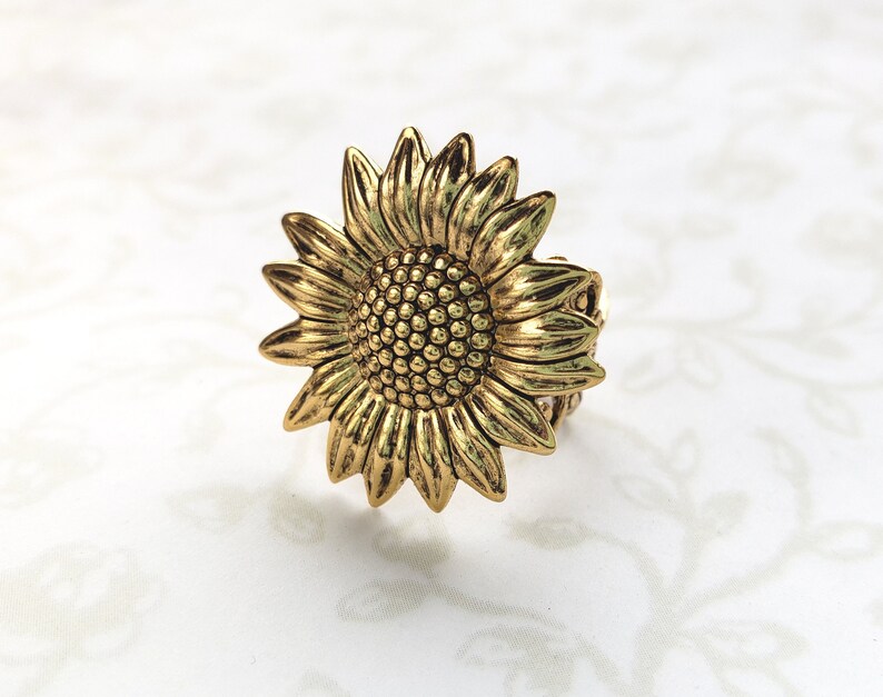 Sunflower Ring, 24K Gold Plated, Adjustable, Fall, Boho, Garden, Flower, Wedding, Woodland ...