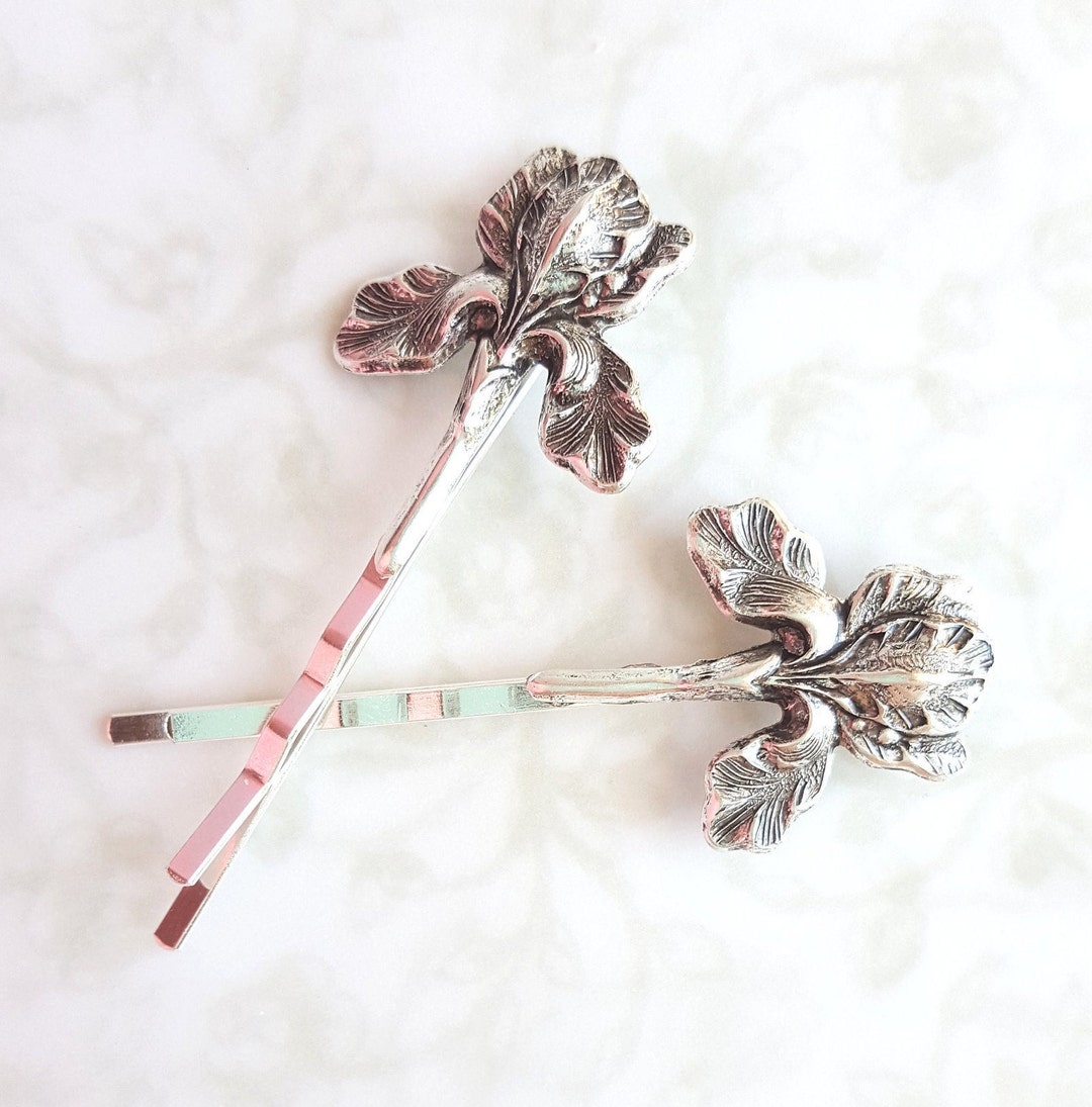 Iris Floral Silver Antiqued Hair Pins, Bobby Pins, Garden Wedding ...