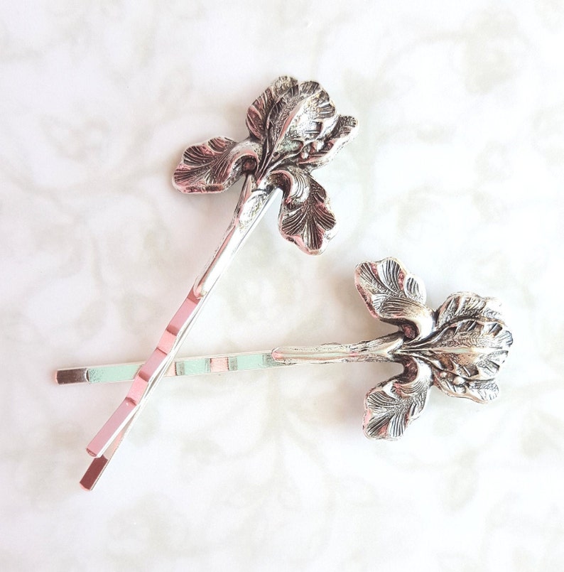 Iris Floral Silver Antiqued Hair Pins Bobby Pins Garden - Etsy