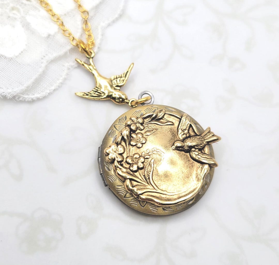 Flying Bird Locket, Antiqued Gold Plated, Photo Locket, Hidden Message ...