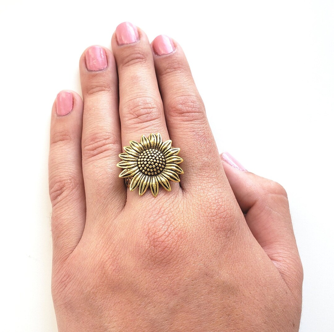 Sunflower Ring, 24K Gold Plated, Adjustable, Fall, Boho, Garden, Flower ...