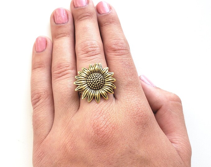 Sunflower Ring, 24K Gold Plated, Adjustable, Fall, Boho, Garden, Flower ...