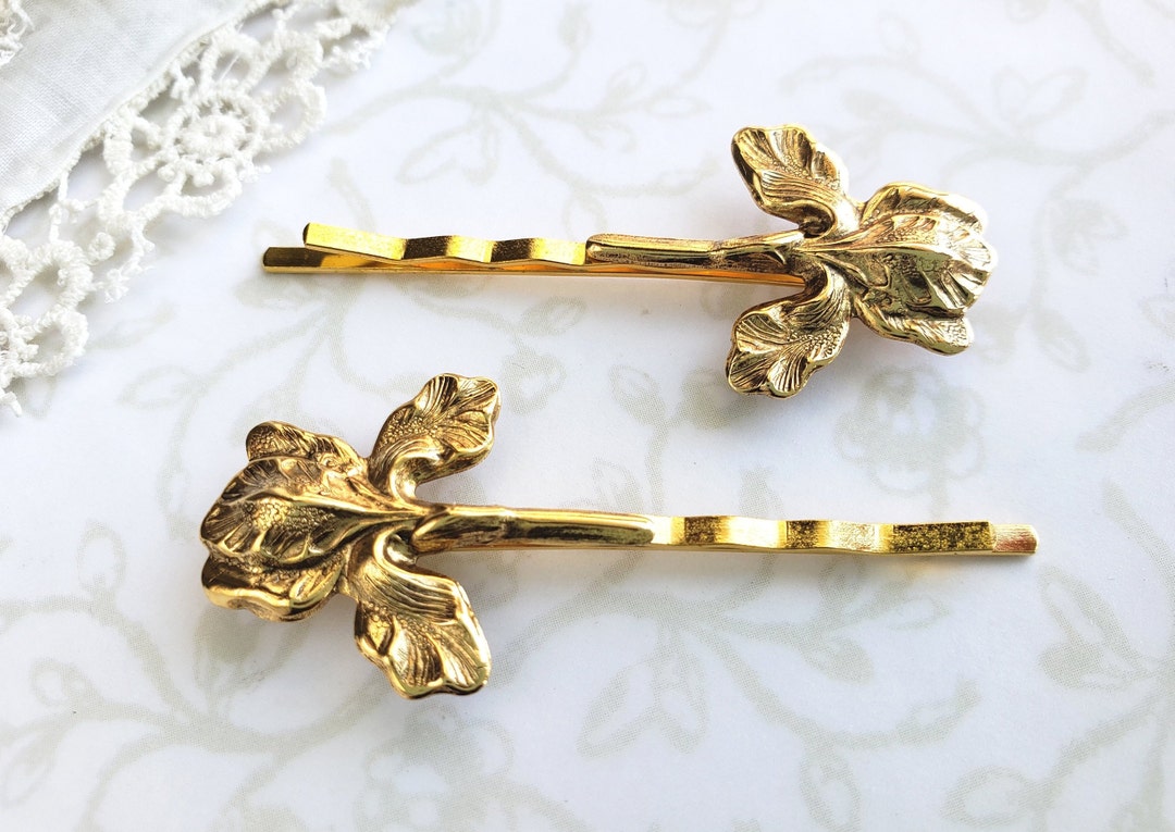 Iris Floral 24k Gold Hair Pins, Bobby Pins, Garden Wedding Flowers ...