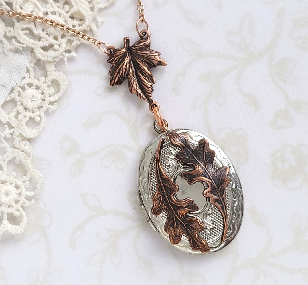 Copper Leaves on Silver Oval Locket, Fall Photo Locket, Autumn Leaves ...