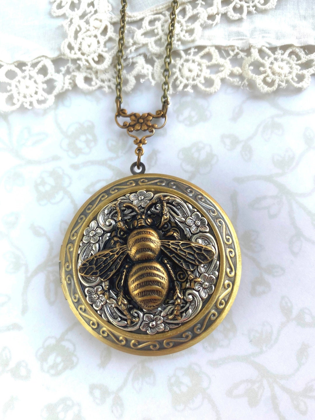 Large Bumble Bee Locket Antiqued Gold Brass With a Silver Wreath, Photo ...