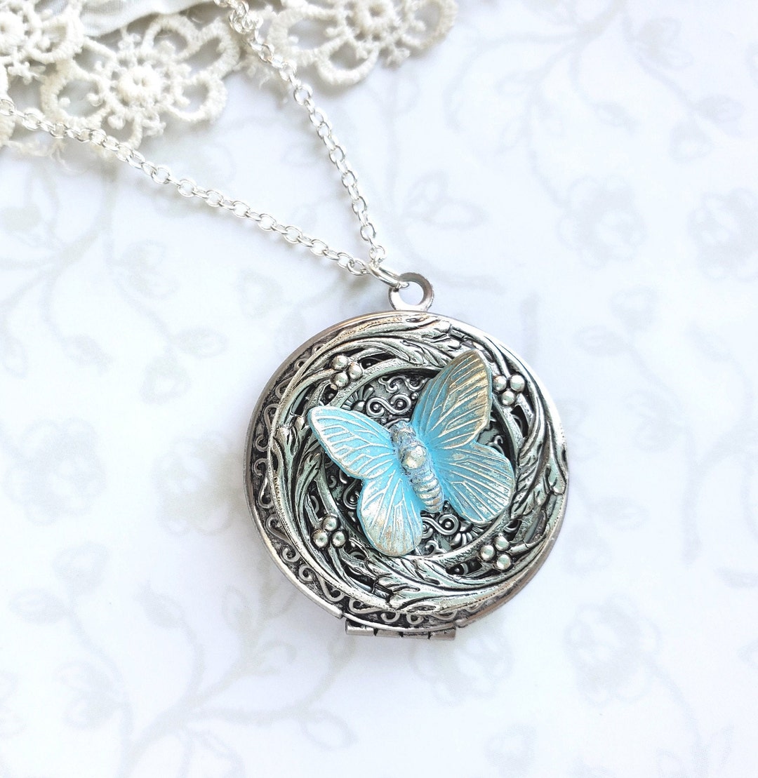 Blue Butterfly on Silver Locket, Stainless Steel, Summer Garden Photo ...