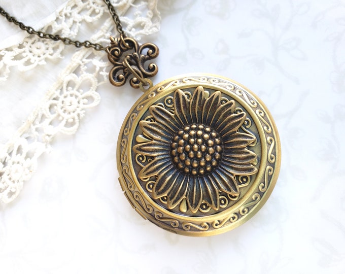 Large Sunflower Locket Necklace in Antiqued Brass You Are My - Etsy