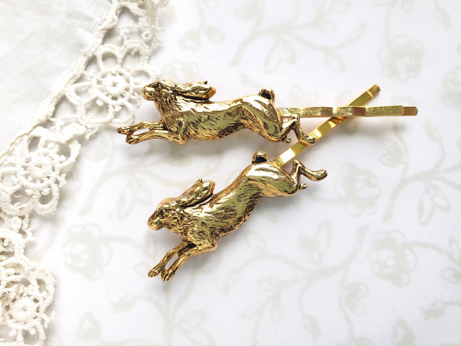 Rabbit Hair Pins 24k Gold Plated Set of Two Spring Bunny | Etsy