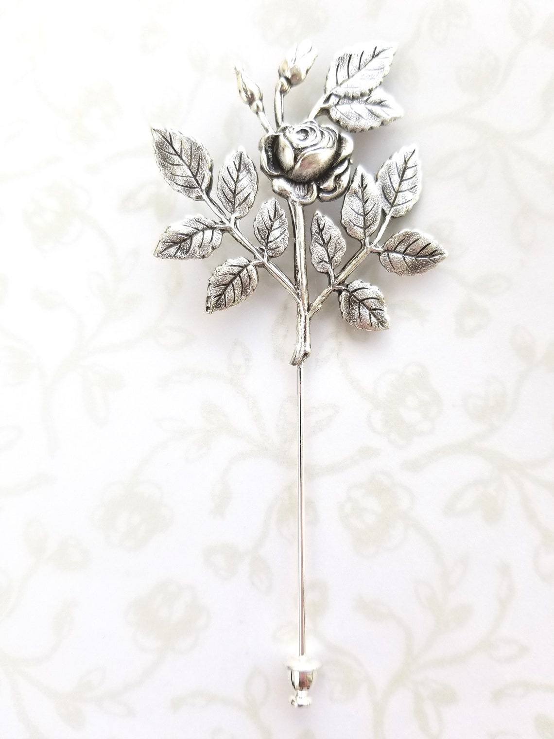 Silver Rose Blossom and Leaves Stick Pin / Lapel Pin Garden | Etsy