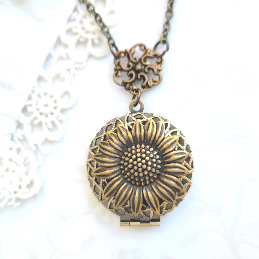 Sunflower Locket in Antiqued Brass, Lace Filigree, Flower Garden, You ...