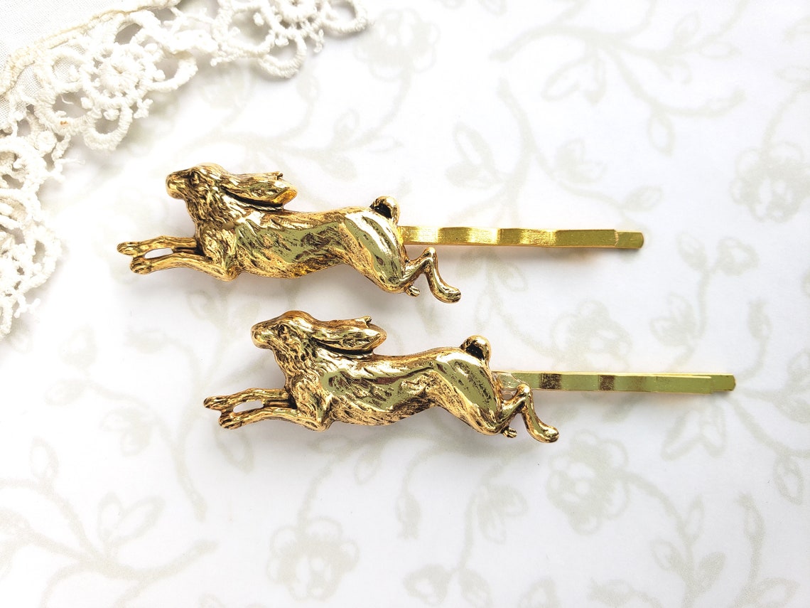 Rabbit Hair Pins 24k Gold Plated Set of Two Spring Bunny | Etsy