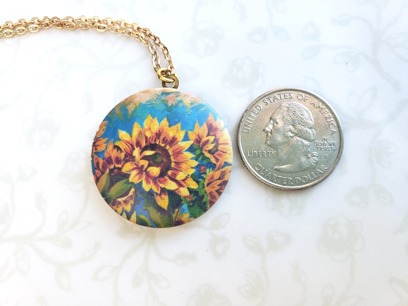 Sunflower Locket Necklace Yellow Blue Gold Flower Garden Pendant Summer ...