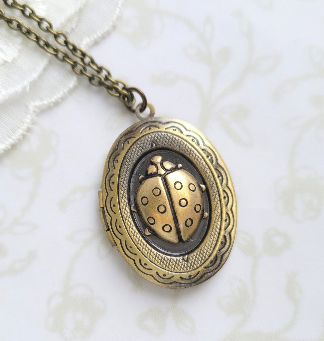 Ladybug Locket Antiqued Gold Brass, Vintage Inspired Ladybug, Garden ...