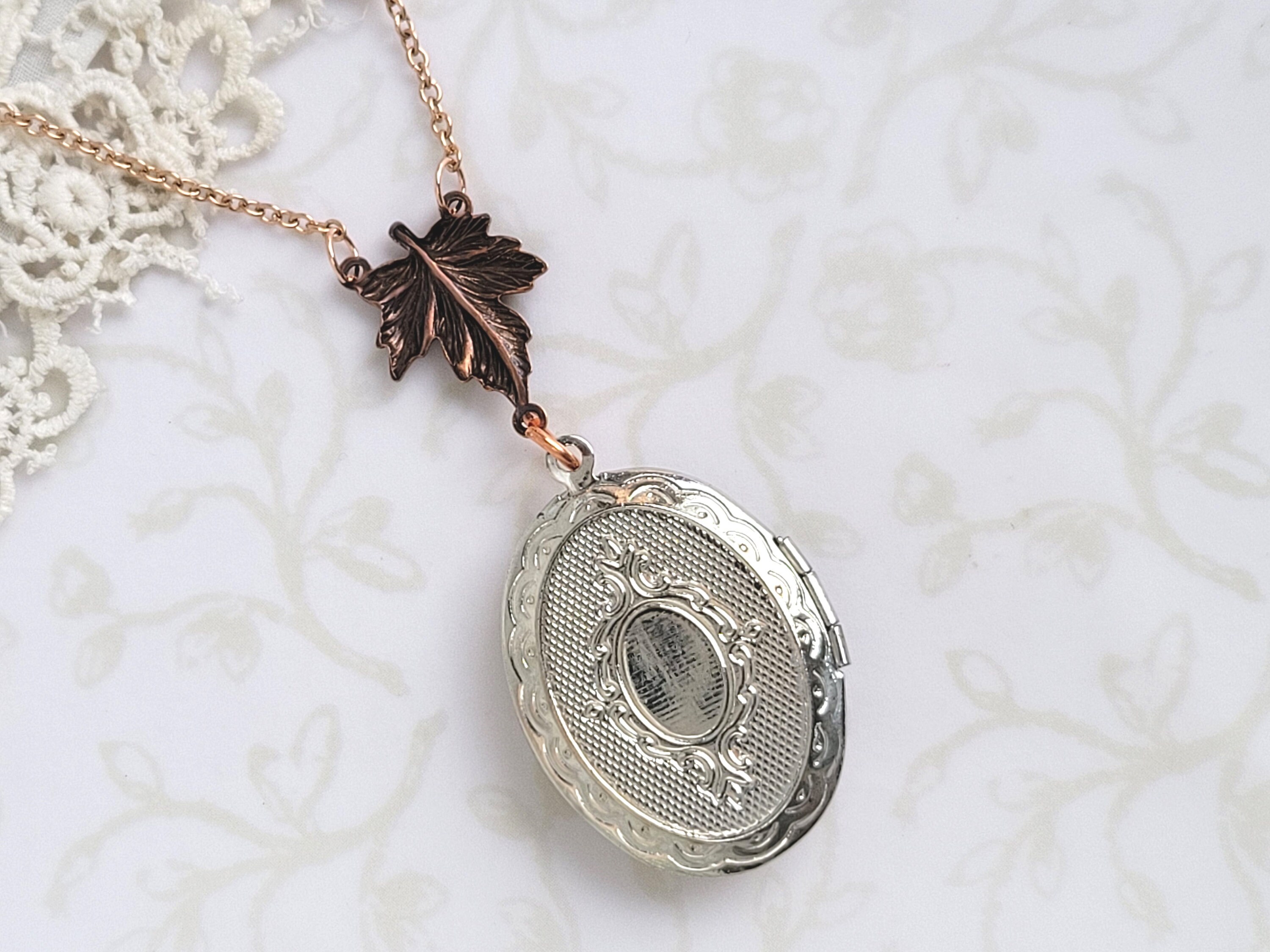 Copper Leaves on Silver Oval Locket, Fall Photo Locket, Autumn Leaves ...