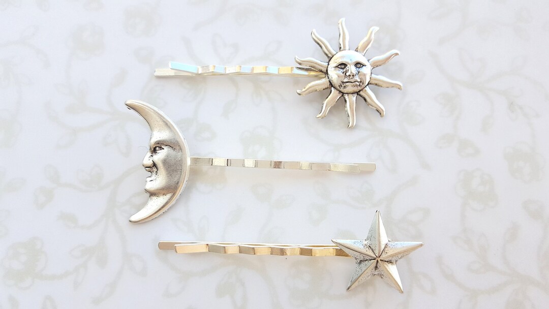 Silver Sun, Moon, & Star Bobby Pins, Set of 3 Hair Pins, Heavenly ...
