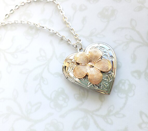 Rose Gold Forget Me Not Silver Heart Locket Necklace Flower | Etsy