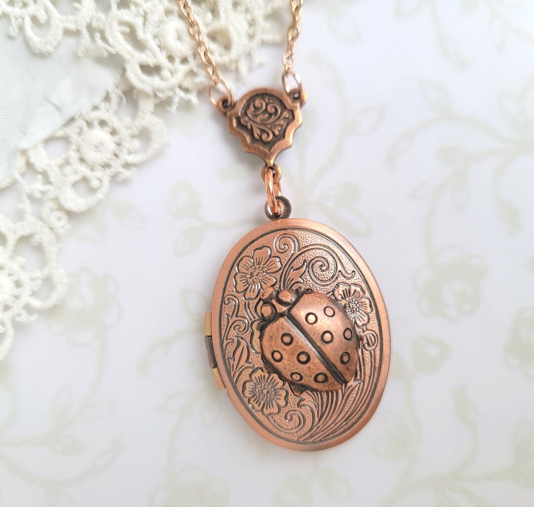 Floral Ladybug Locket in Matte Rose Gold, Oval Photo Locket, Summer ...