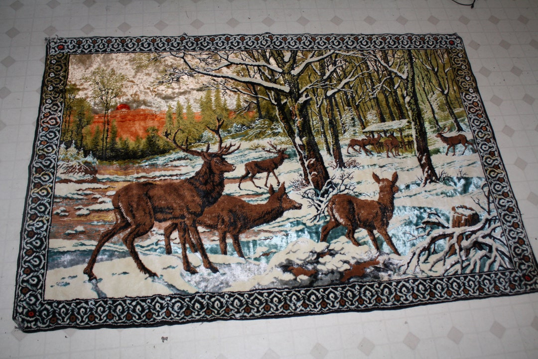 Vintage Deer Winter Scene Tapestry Wall Hanging - Etsy